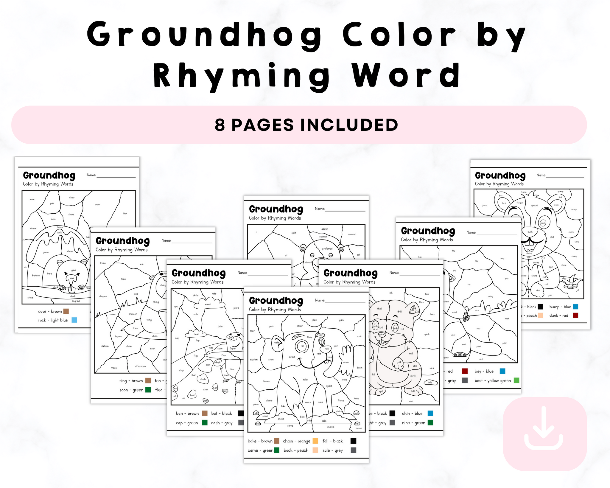 Groundhog Color by Rhyming Word Printables – CrystalandComp