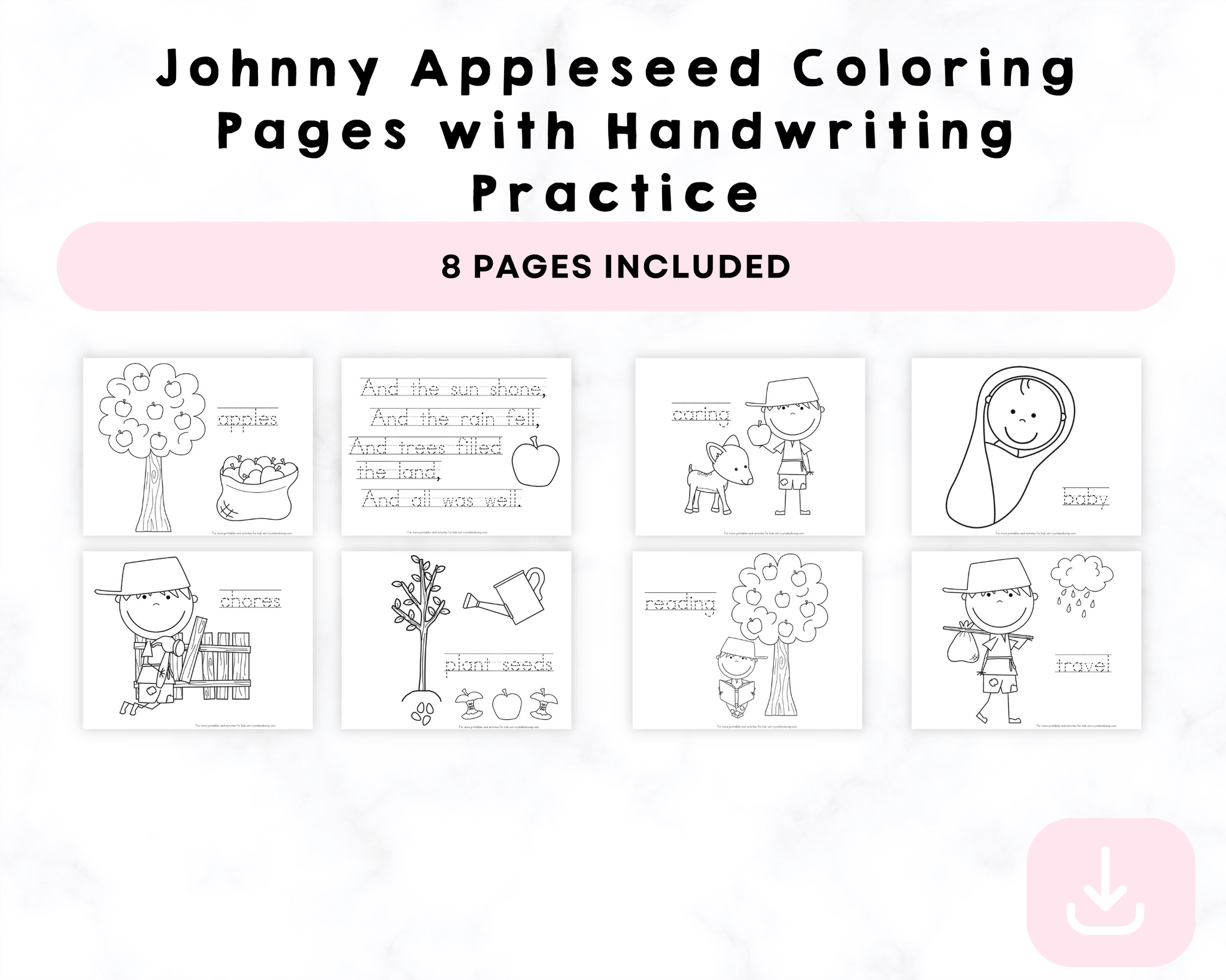Johnny Appleseed Coloring Pages with Handwriting Practice – CrystalandComp