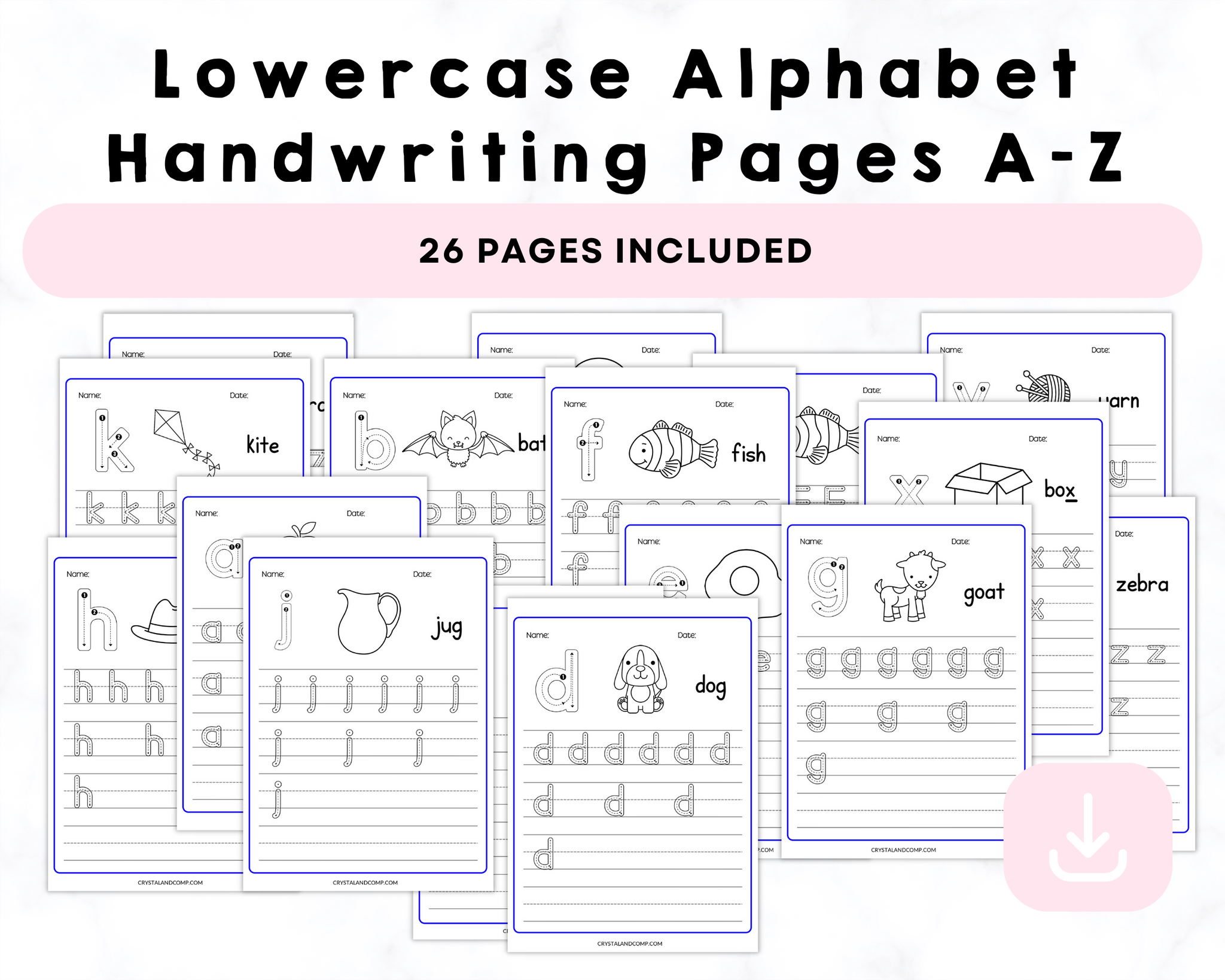 Lowercase Alphabet Handwriting Pages A-Z – CrystalandComp