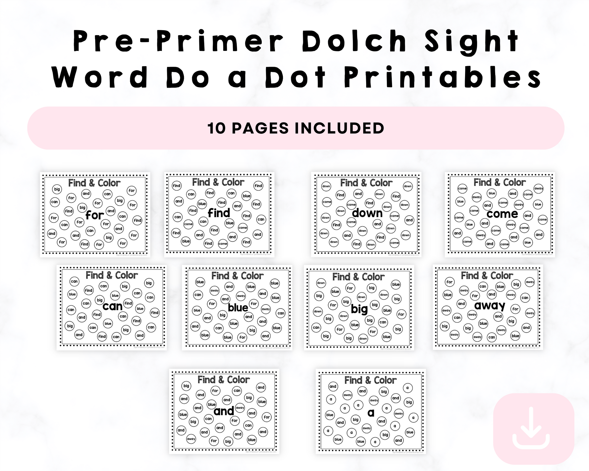 Pre-Primer Dolch Sight Word Do a Dot Printables – CrystalandComp