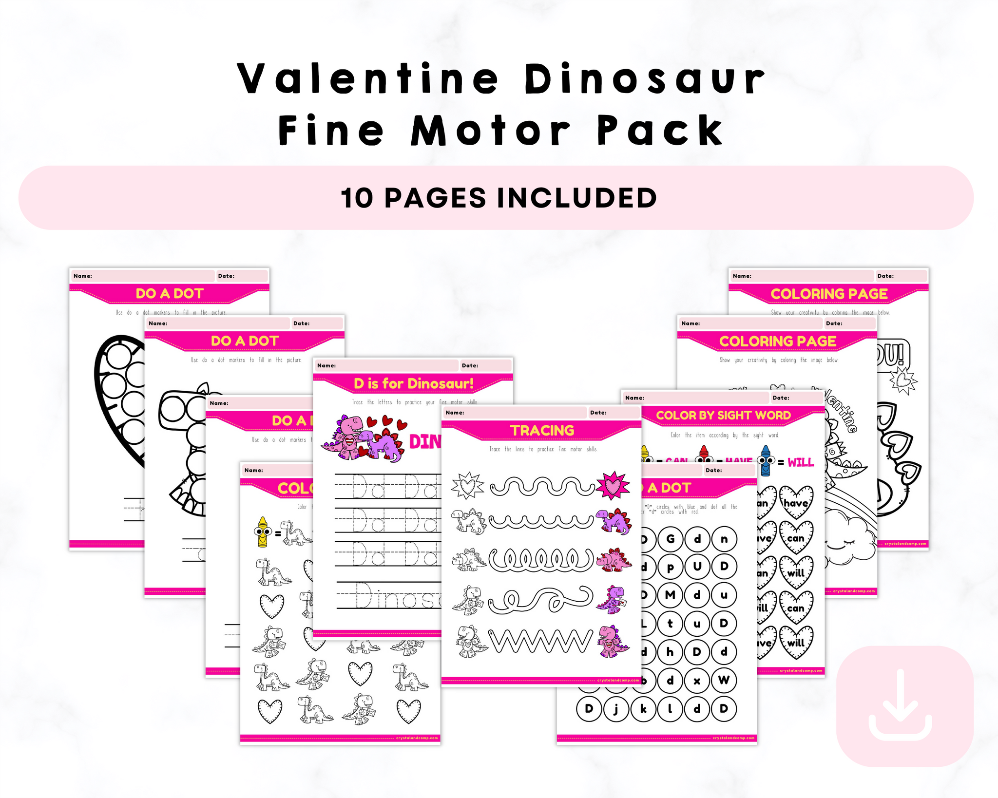 Valentine Dinosaur Fine Motor Pack Printables – CrystalandComp